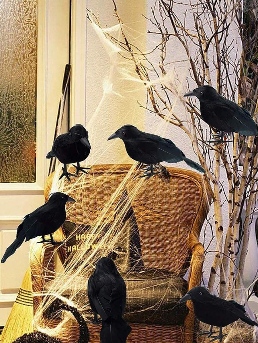 Black Feather Crows 6 Realistic Scary Crow Figurines With Real