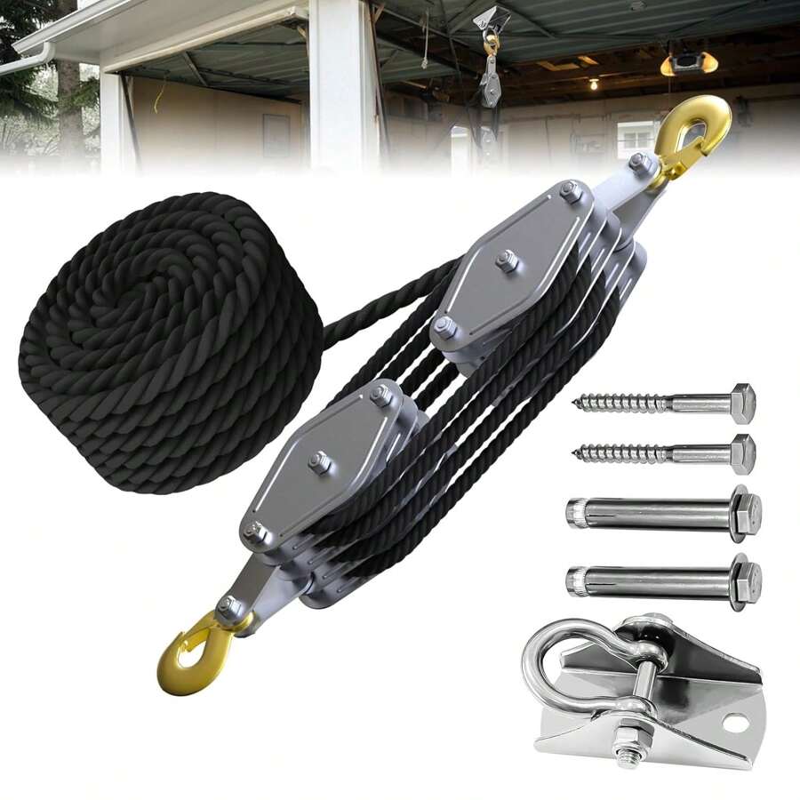 Rope Hoist Pulley System, 4400LB Block And Tackle Pulley System, 8:1 ...