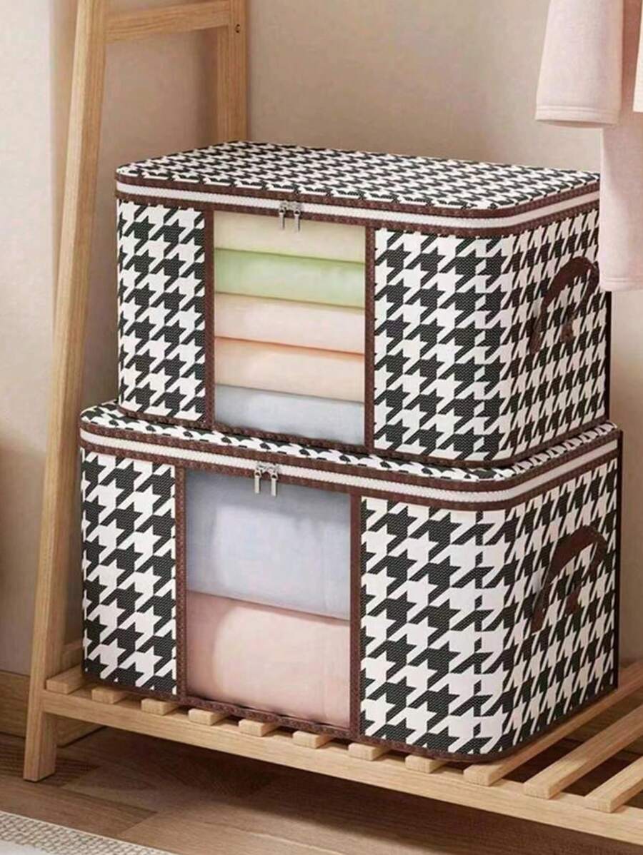 1pc Clothes Storage Bag, Large Capacity Transparent Window, Houndstooth ...