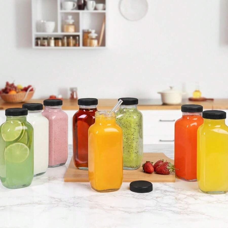 Juice Bottles With Lids, 16 Oz - Set Of 8 - Clear Glass Jars With ...