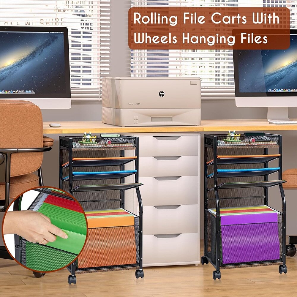 5-Tier Rolling File Cart With Hanging File Folders, Mobile Desk File ...