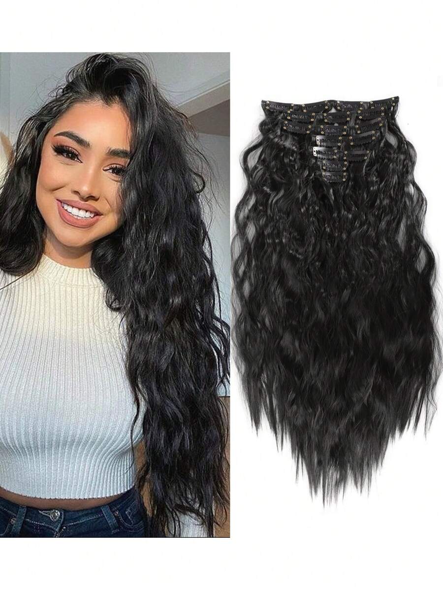 Clip In Hair Extensions Black 7pcs Hair Extensions Long Mermaid Waves ...