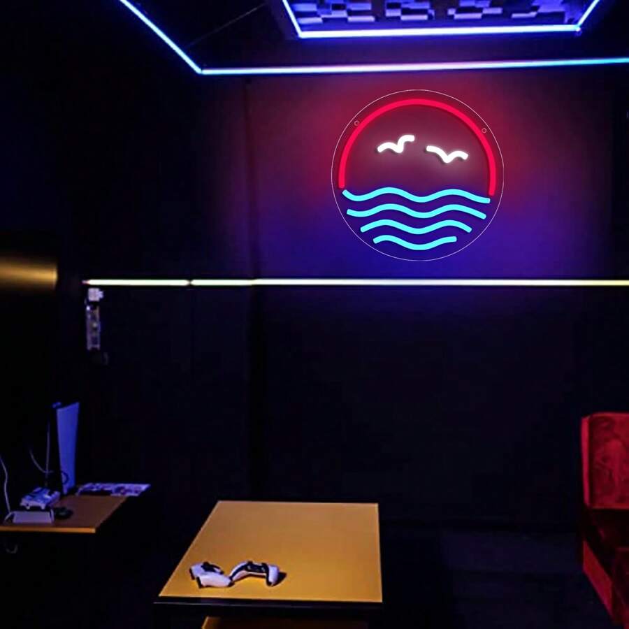 Aclorol Sunset Sunrise Neon Signs Wall Decor Sea Wave LED Neon Sign ...