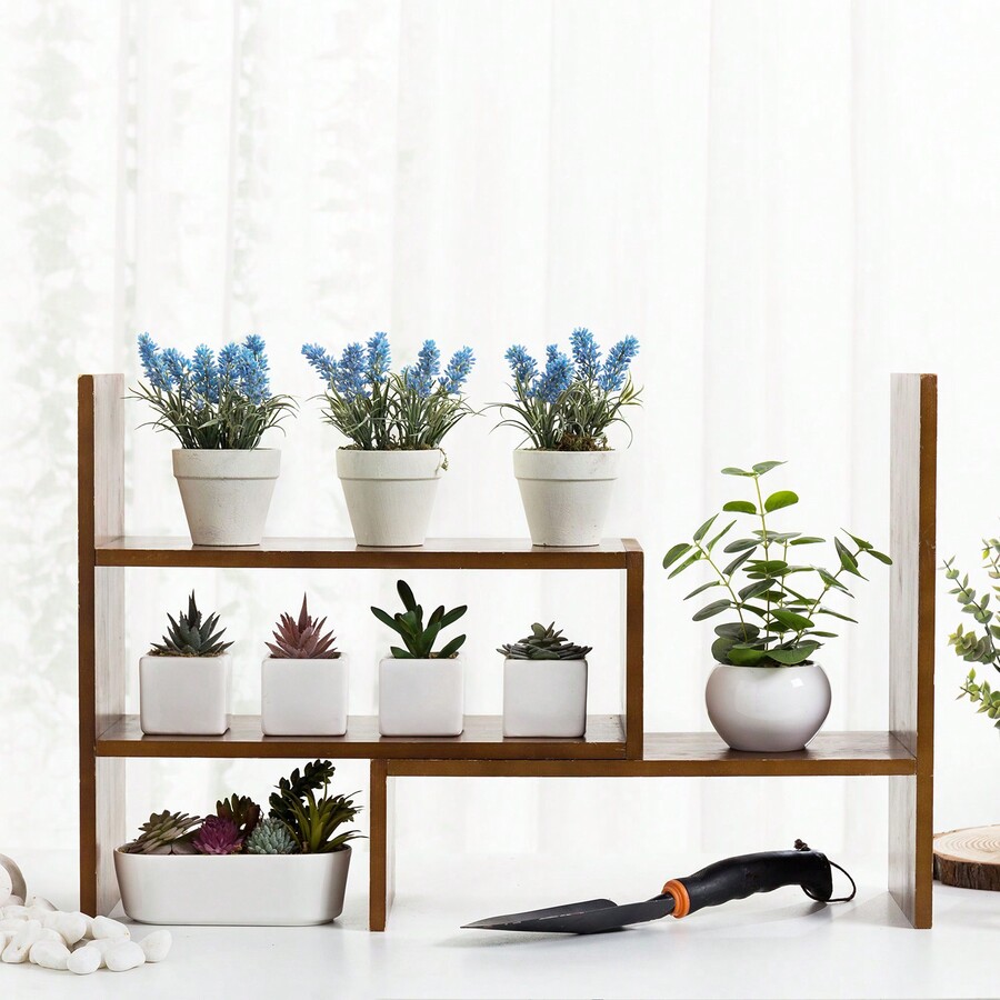 Brown Wood Desktop Adjustable Bookshelf, Home Office Desk Decor Storage ...