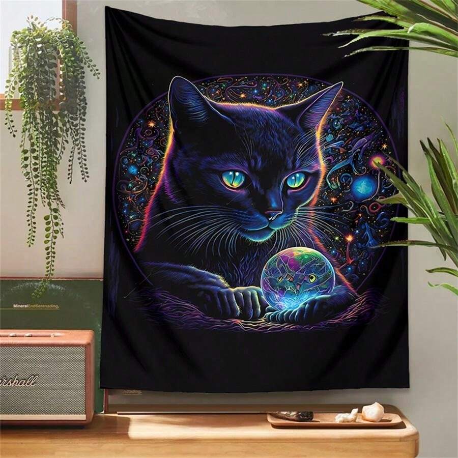1ชิ้น Blacklight Cat Tapestry Magic Black Cat มองเข้าไปในคริสตัลบอล ...