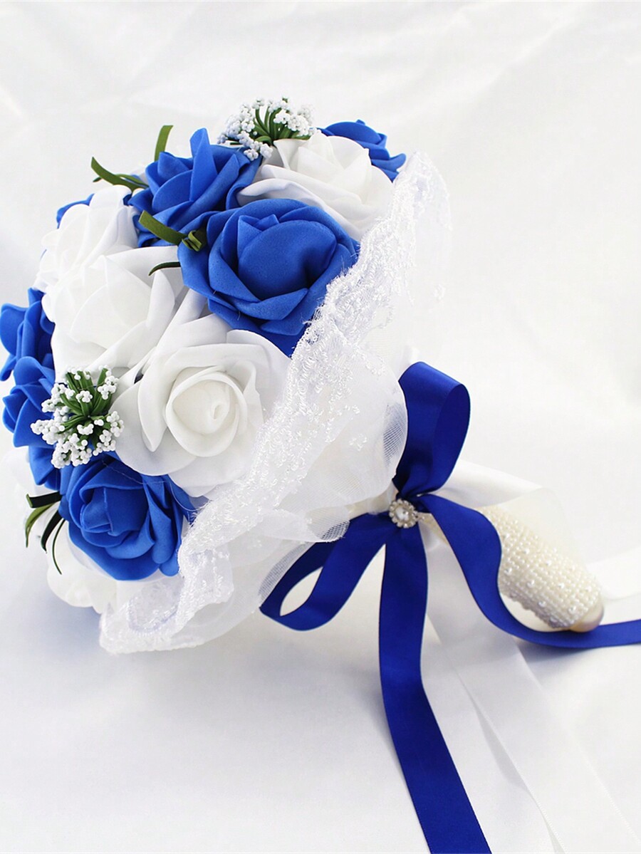 1 Bundle Blue & White Pe Foam Roses Bridal Bouquet With Pearls, Lace ...