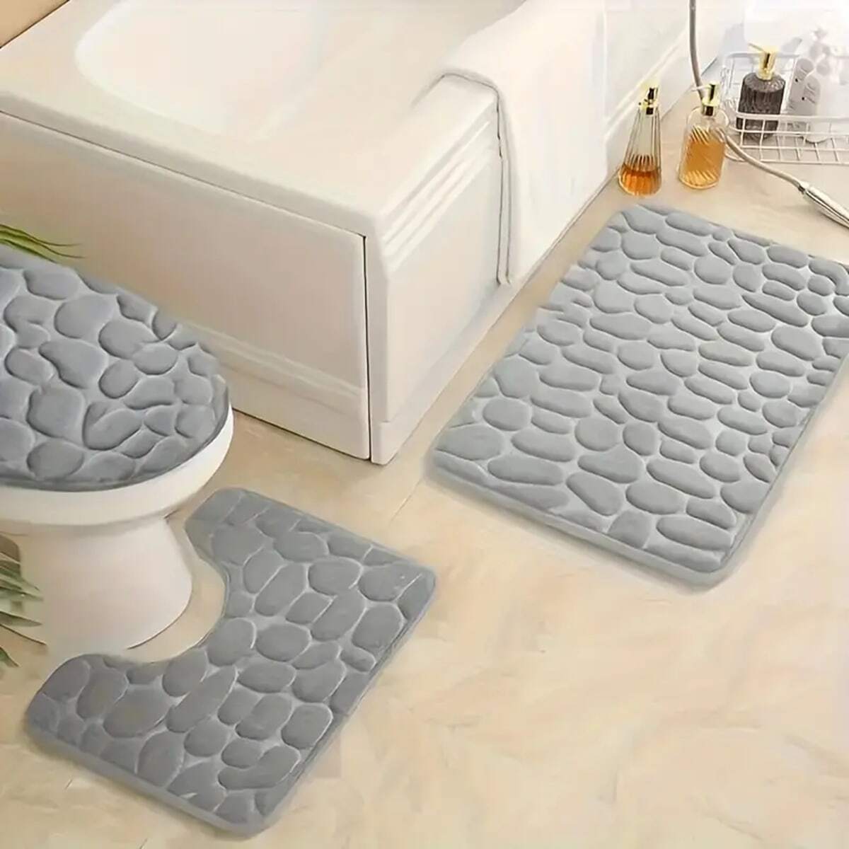 3pcs Super Absorbent Pebble Bath Mat Set - Rapid-Drying, Non-Slip ...