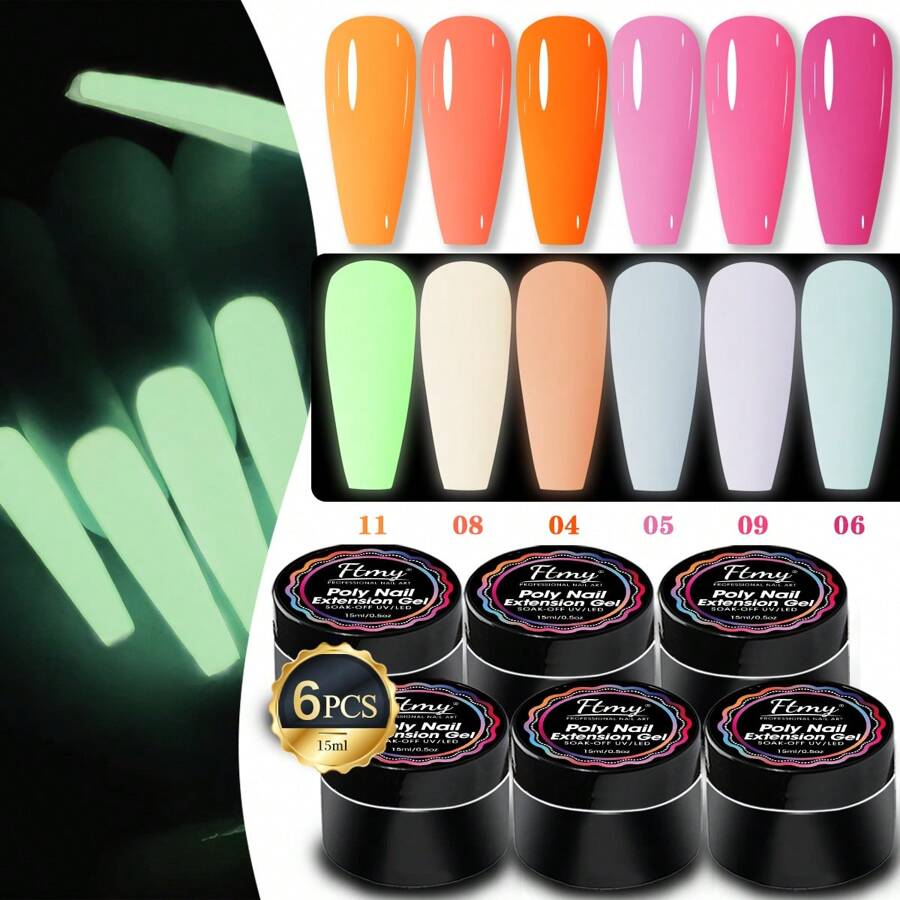 Glow In The Dark Poly Nail Gel Kit, 12 Colors Night Glow Nail Extension ...