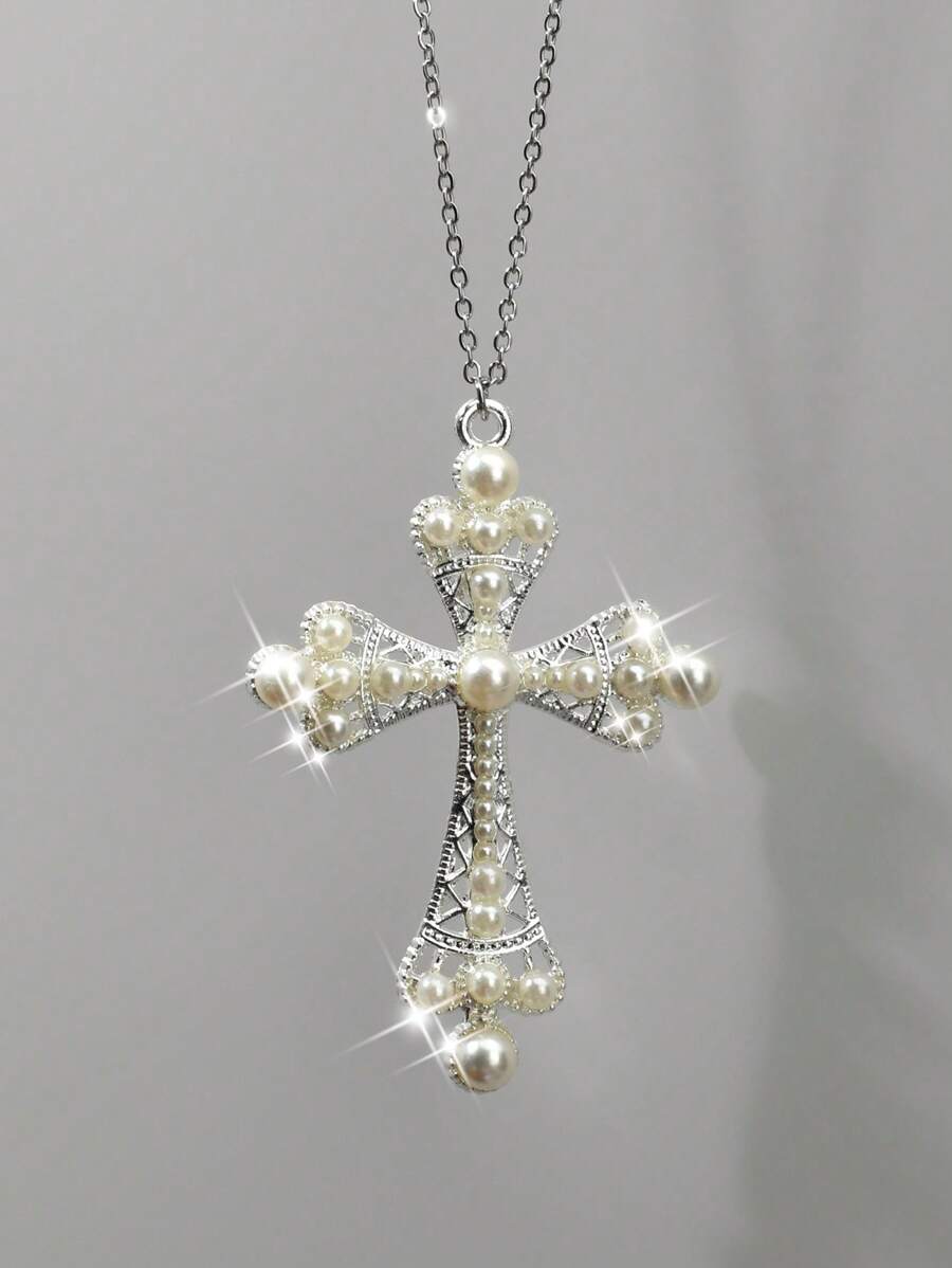 Gothic Punk Style Faux Pearl & Rhinestone Embellished Big Cross ...