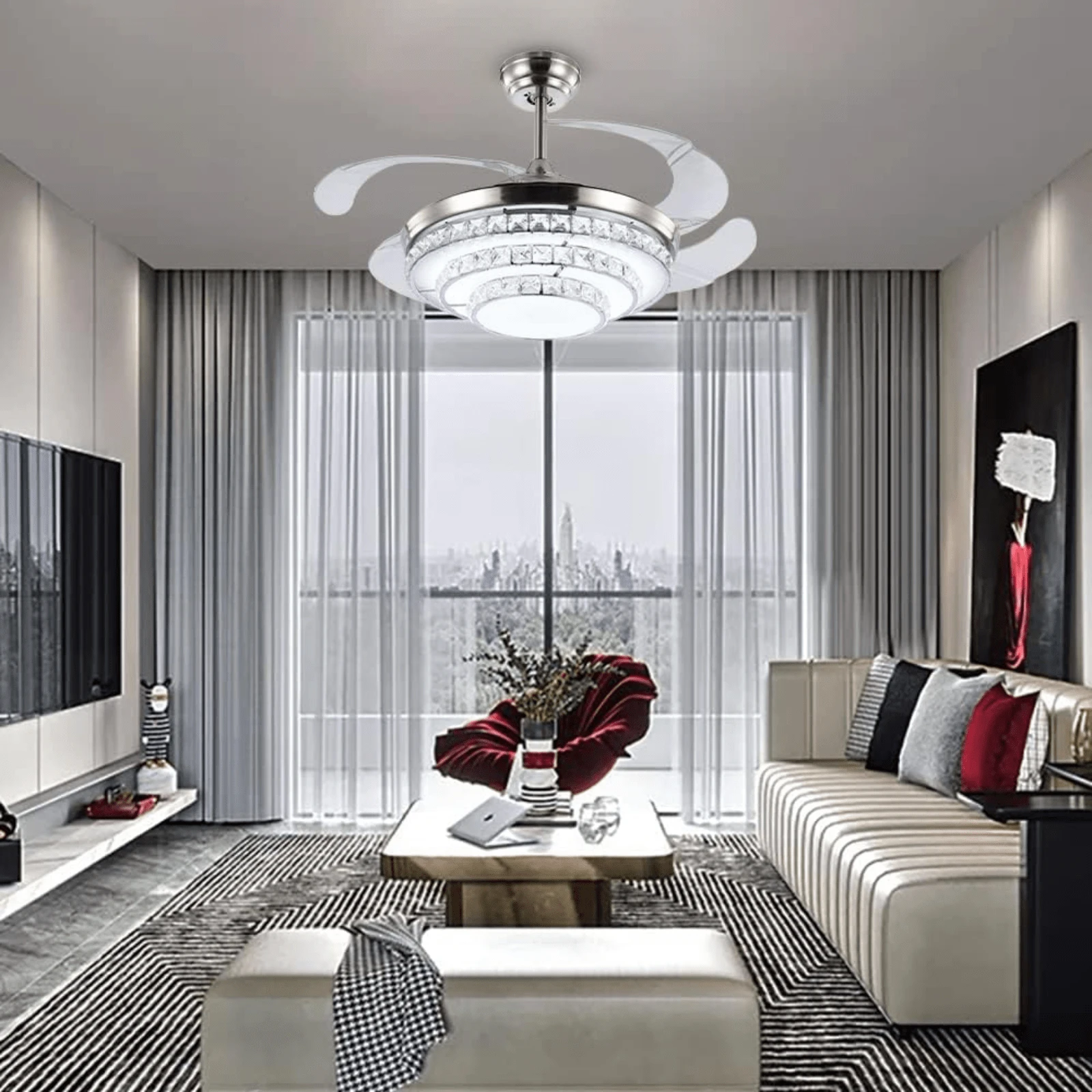 42" Modern K9 Crystal Ceiling Fan With Lights, Three-Color LED ...