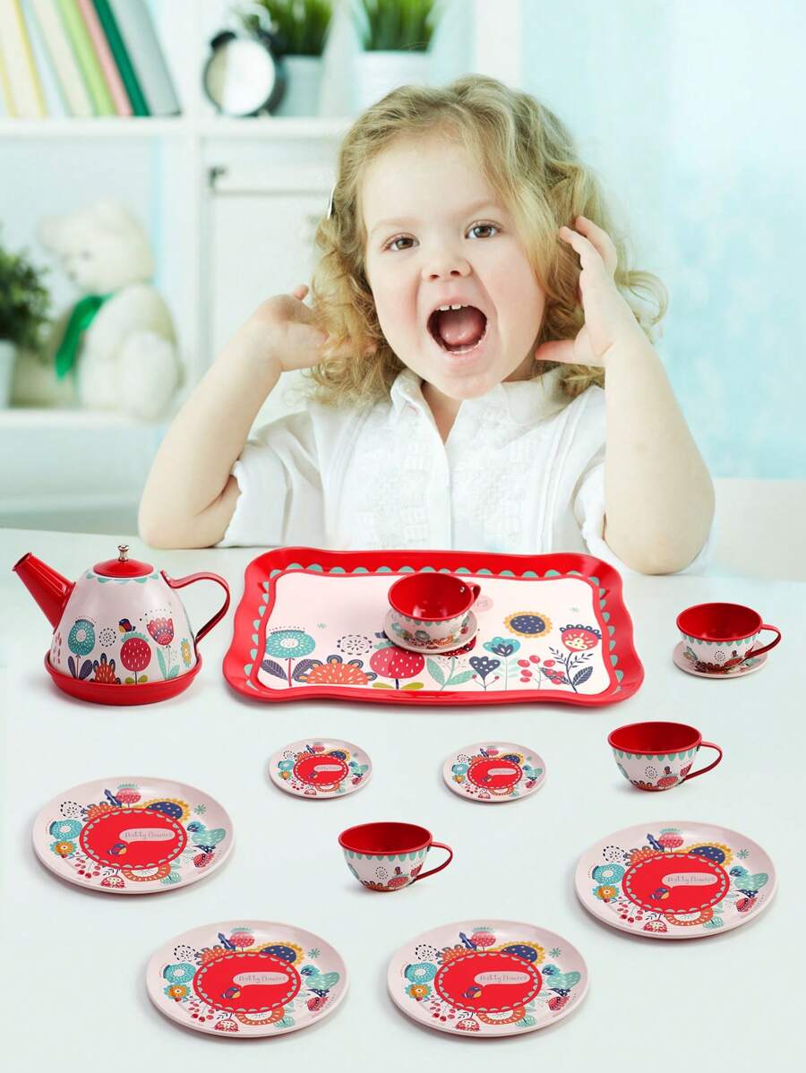 14Pcs Tea Party Set For Little Girls, Pretend Play Tin Teapot Set Toys ...