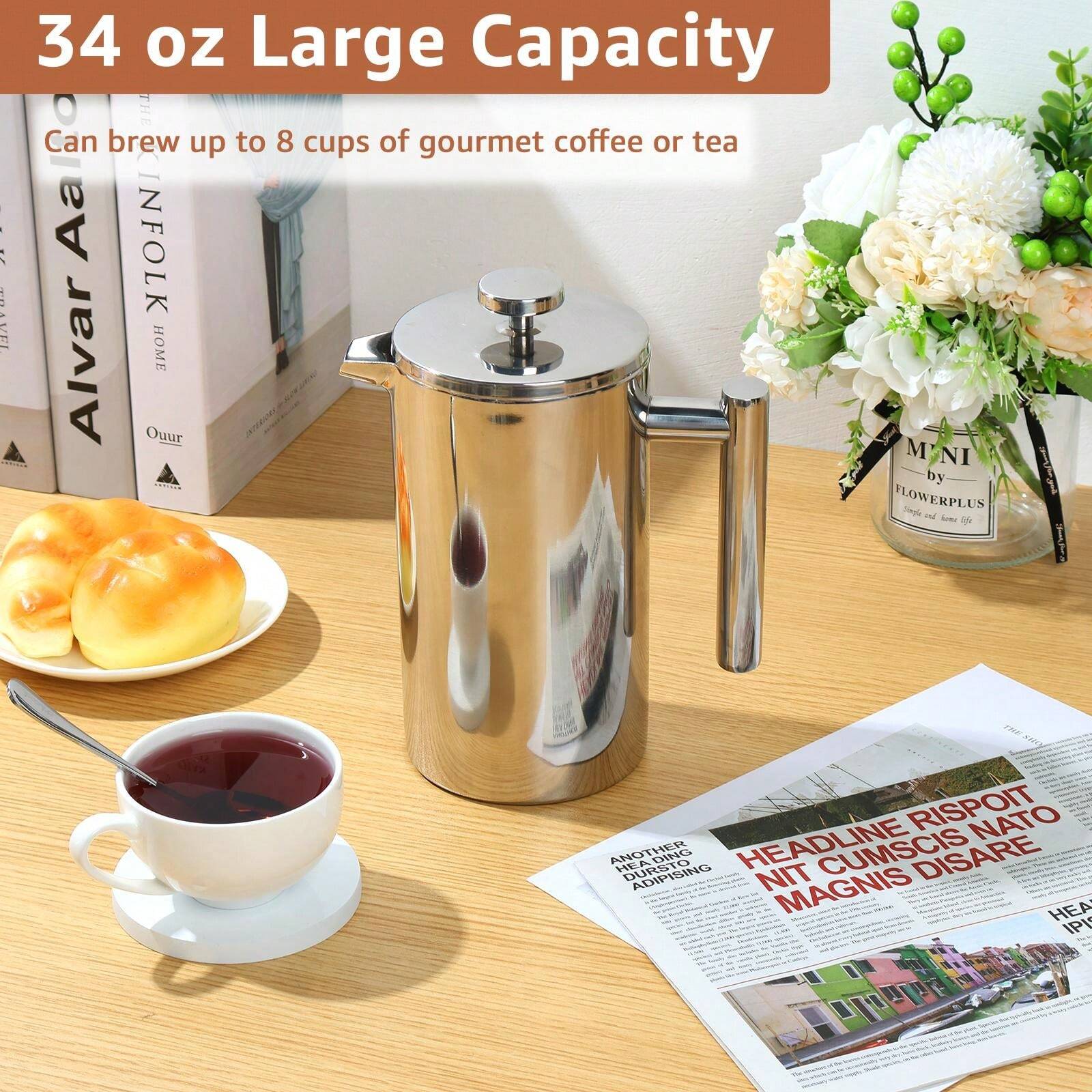 French Press Coffee Maker 34oz Double Walled Stainless Steel Coffee ...