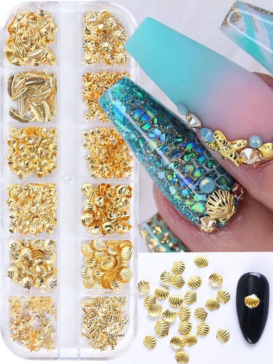 12 Grids 3D Summer Sea Shell Nail Studs Gold Metal Mixed Design Coconut ...