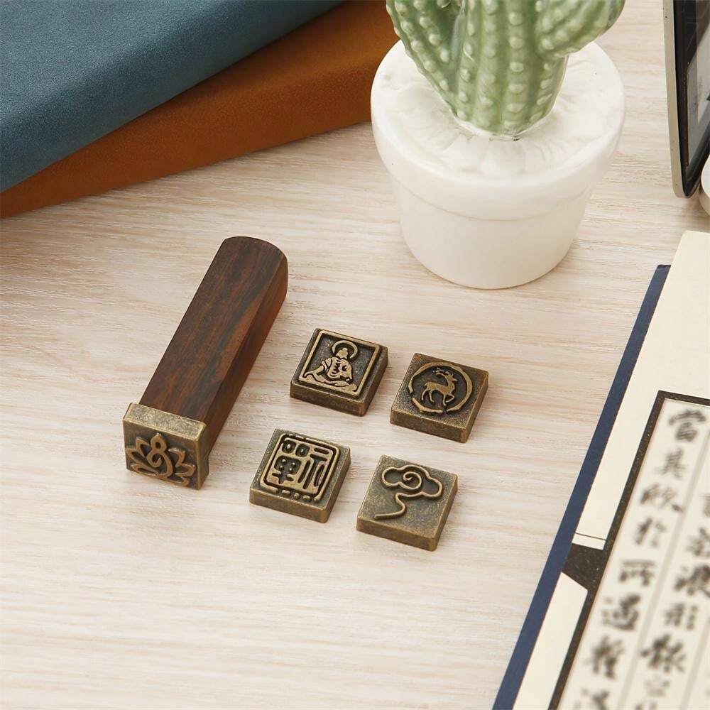 5-In-1 Hard Brush Calligraphy Stamp Set, Black Sandalwood Zen Lotus ...