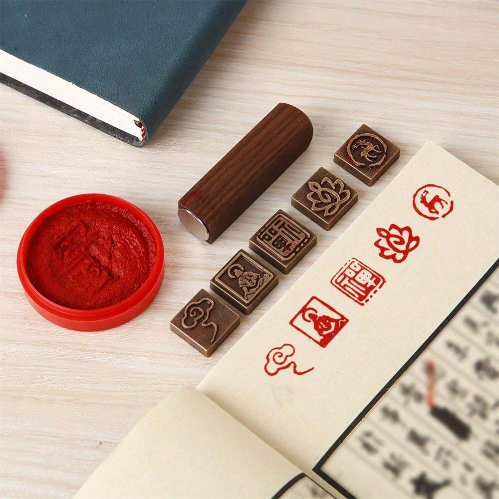5-In-1 Hard Brush Calligraphy Stamp Set, Black Sandalwood Zen Lotus ...