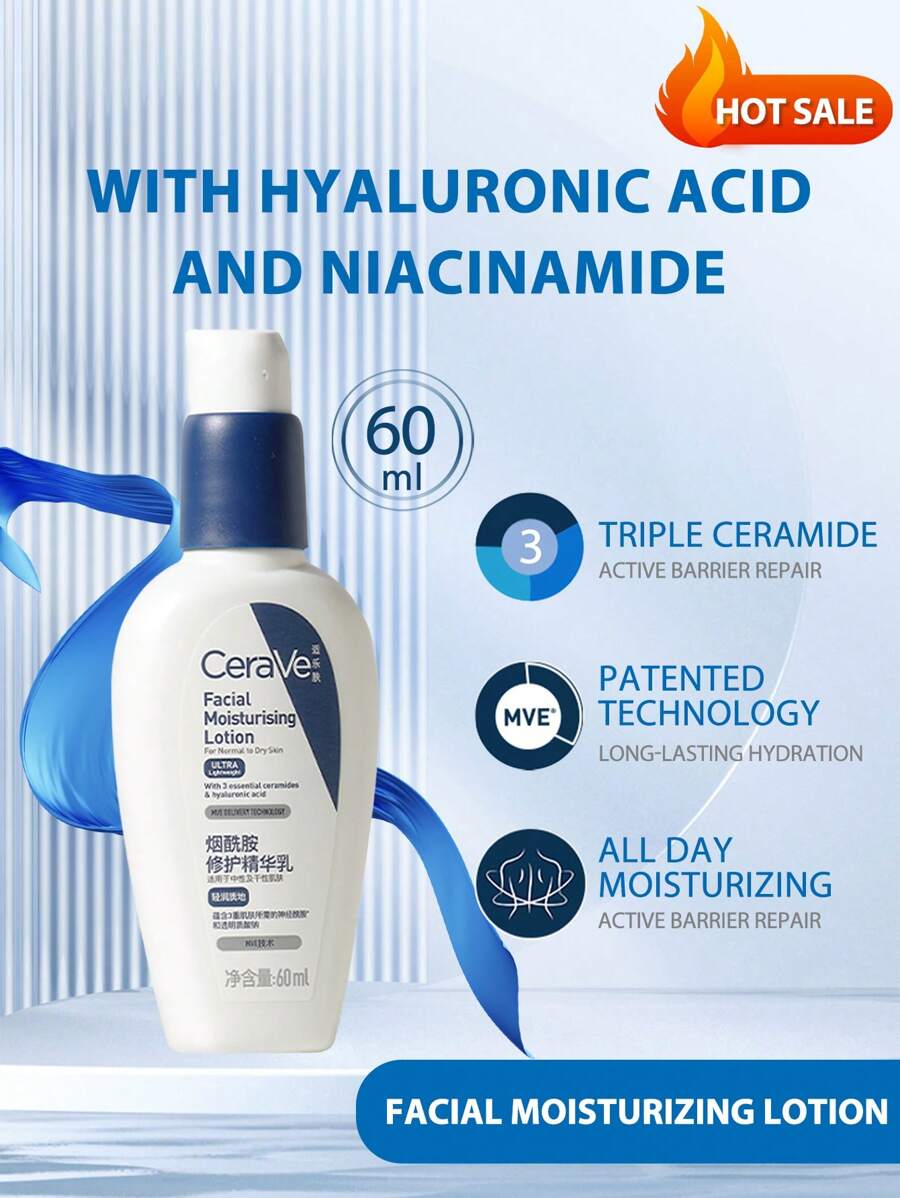 CeraVe Loción humectante facial PM con ácido hialurónico y niacinamida, 60ml, para piel normal a ...