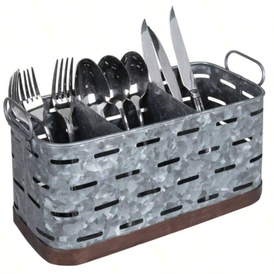 Metal Galvanized Flatware Holder With 3 Compartments, Kitchen Tabletop ...