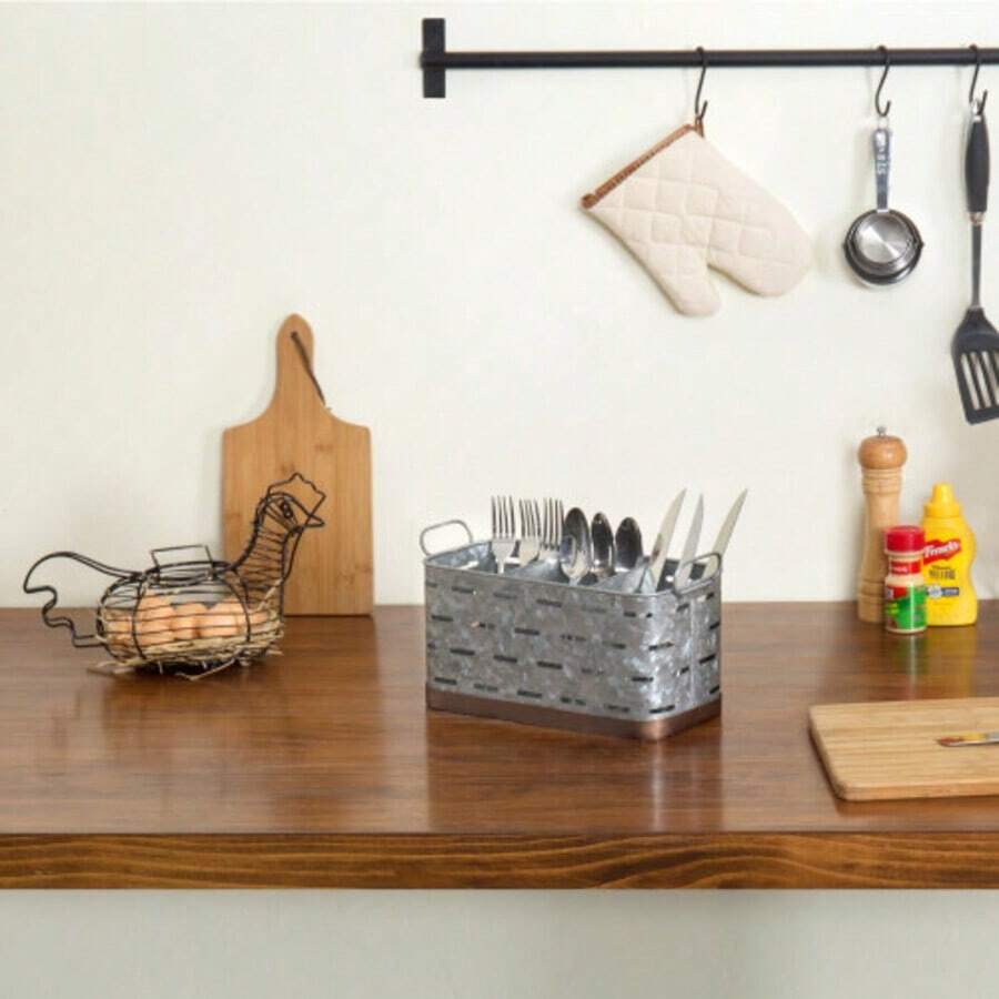 Metal Galvanized Flatware Holder With 3 Compartments, Kitchen Tabletop ...