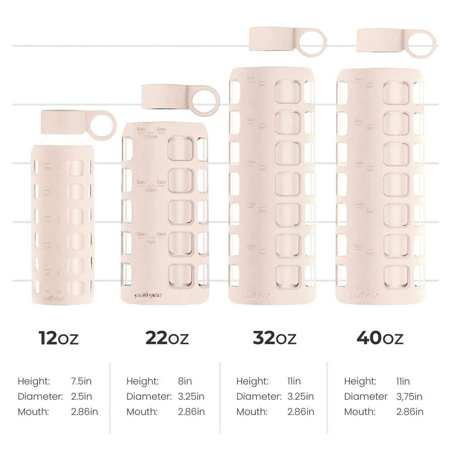 Purifyou Premium Glass Water Bottles, 40/32/ 22/12 Oz Reusable Drinking ...