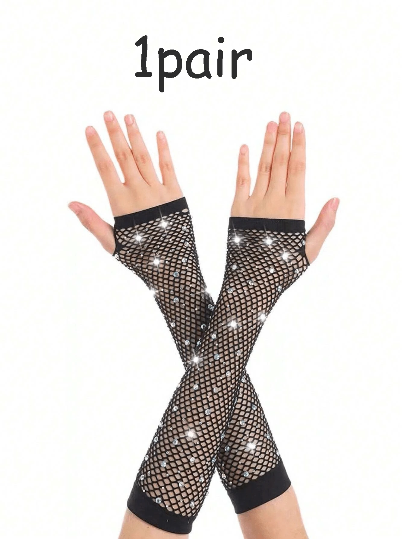 1 Pair Of Long Fishnet Gloves, Rhinestone Embellished Gloves, Mesh Half ...