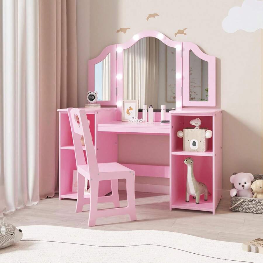 2 In 1 Kids Vanity - Little Girls Vanity Set With Mirror And Stool ...