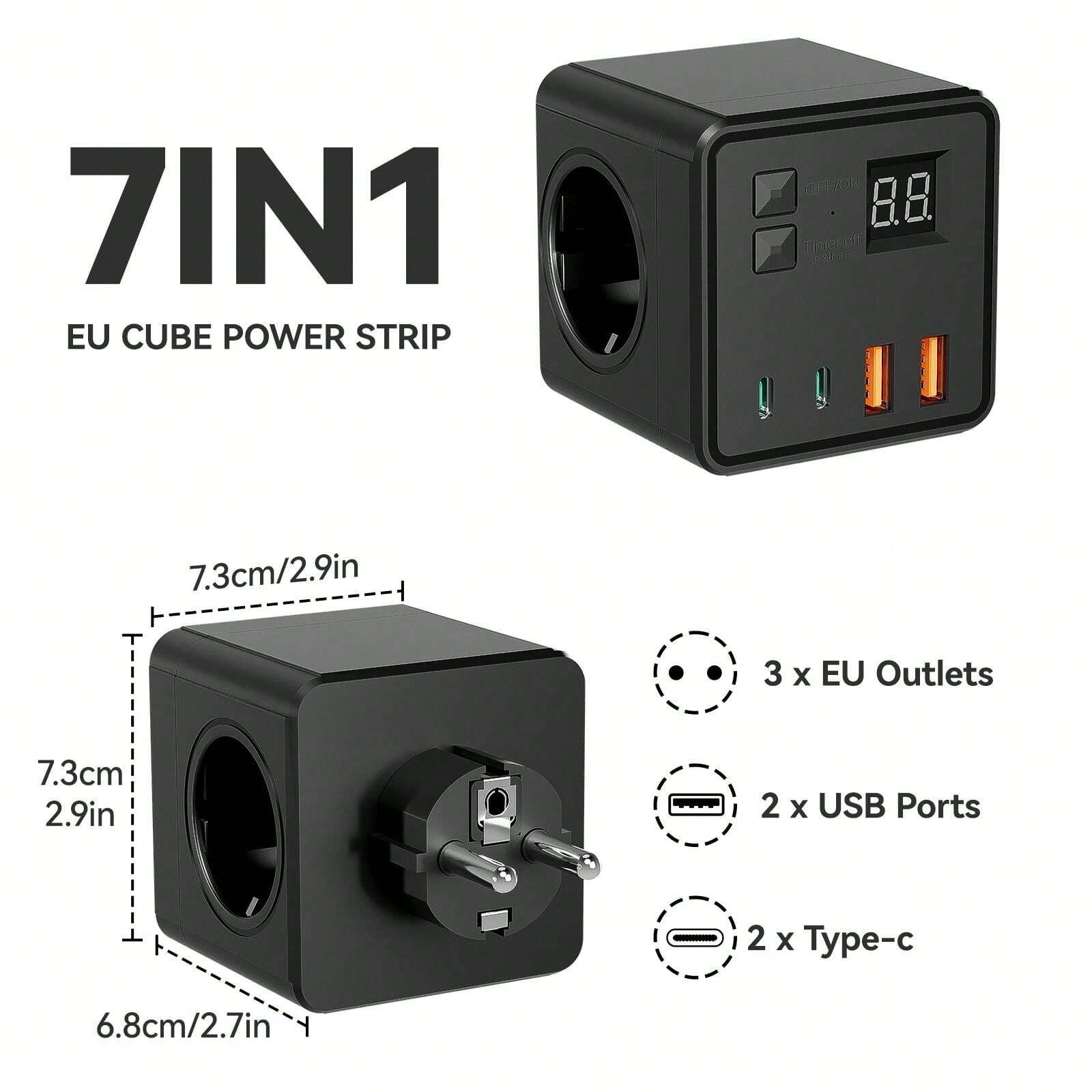 1pc 7-In-1 EU Power Strip With Surge Protector, 1.5m Extension Cord, 3 AC Outlets, 3 USB Ports ...