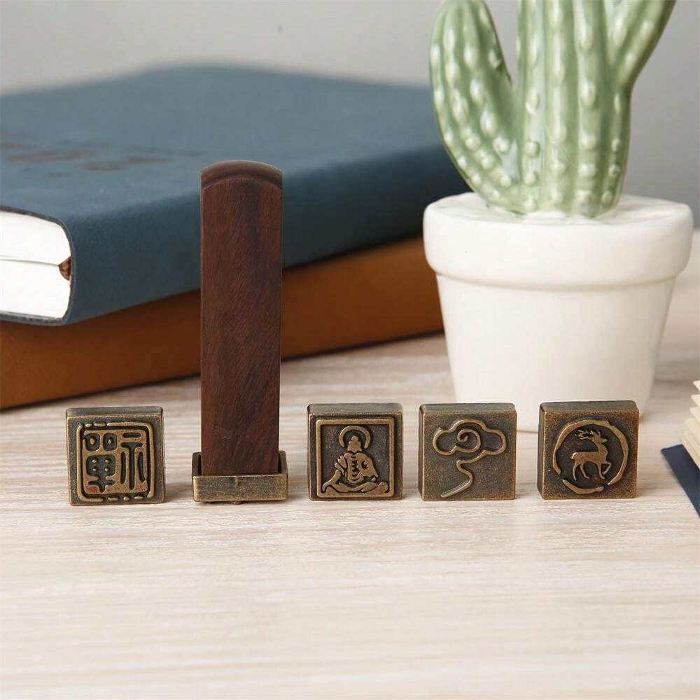 5-In-1 Hard Brush Calligraphy Stamp Set, Black Sandalwood Zen Lotus ...