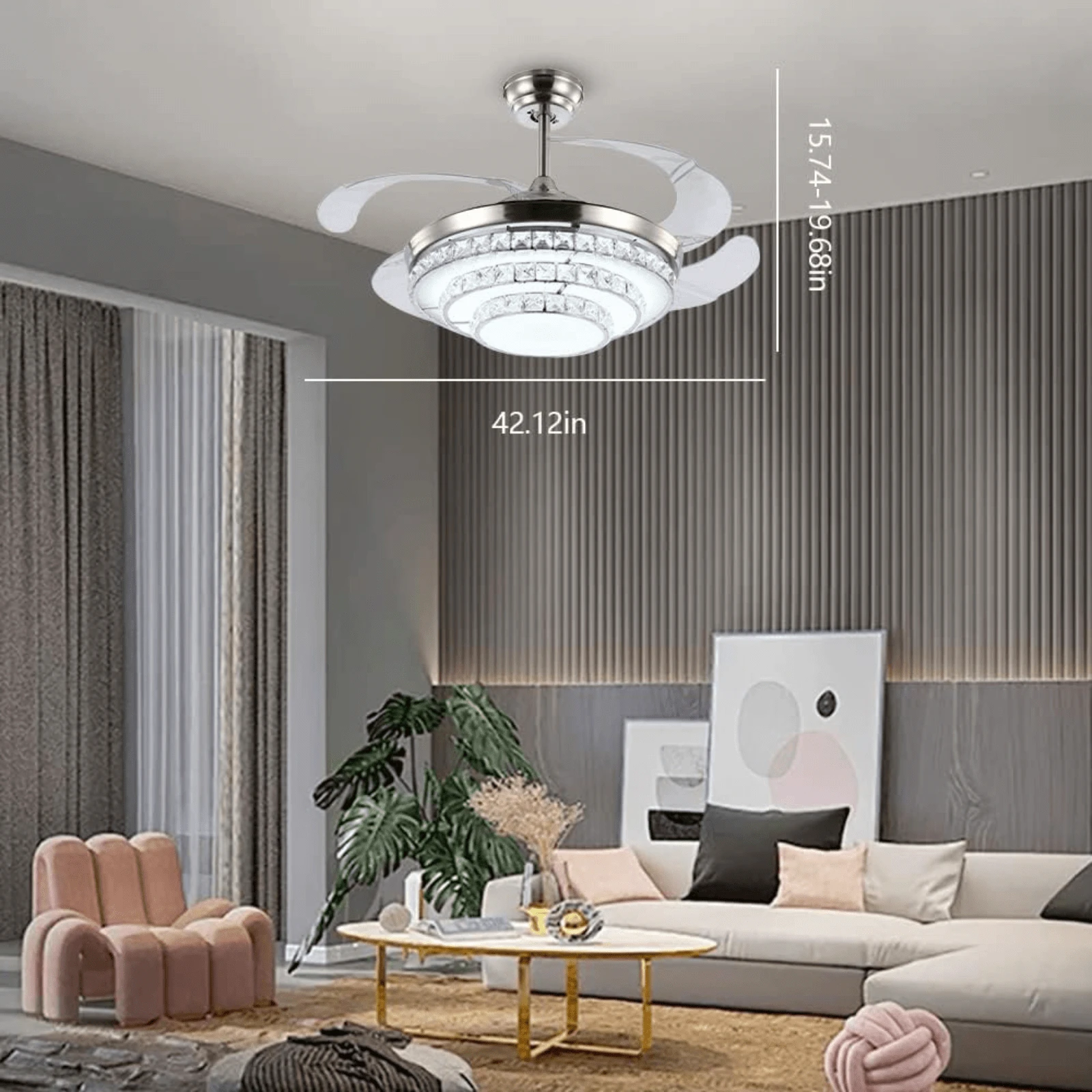 42" Modern K9 Crystal Ceiling Fan With Lights, Three-Color LED ...