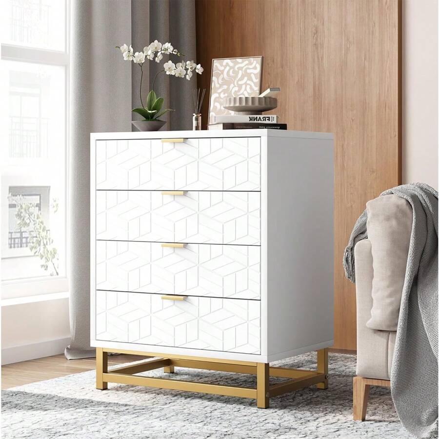 4-Drawer Wood Dresser With Gold Metal Handles - Large Bedroom Dresser ...