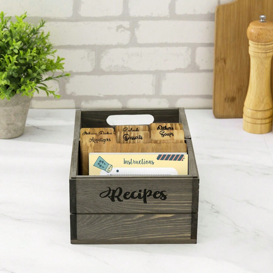 Gray Wood Recipe Card Holder Box With Burnt Wooden Label Divider Tabs ...