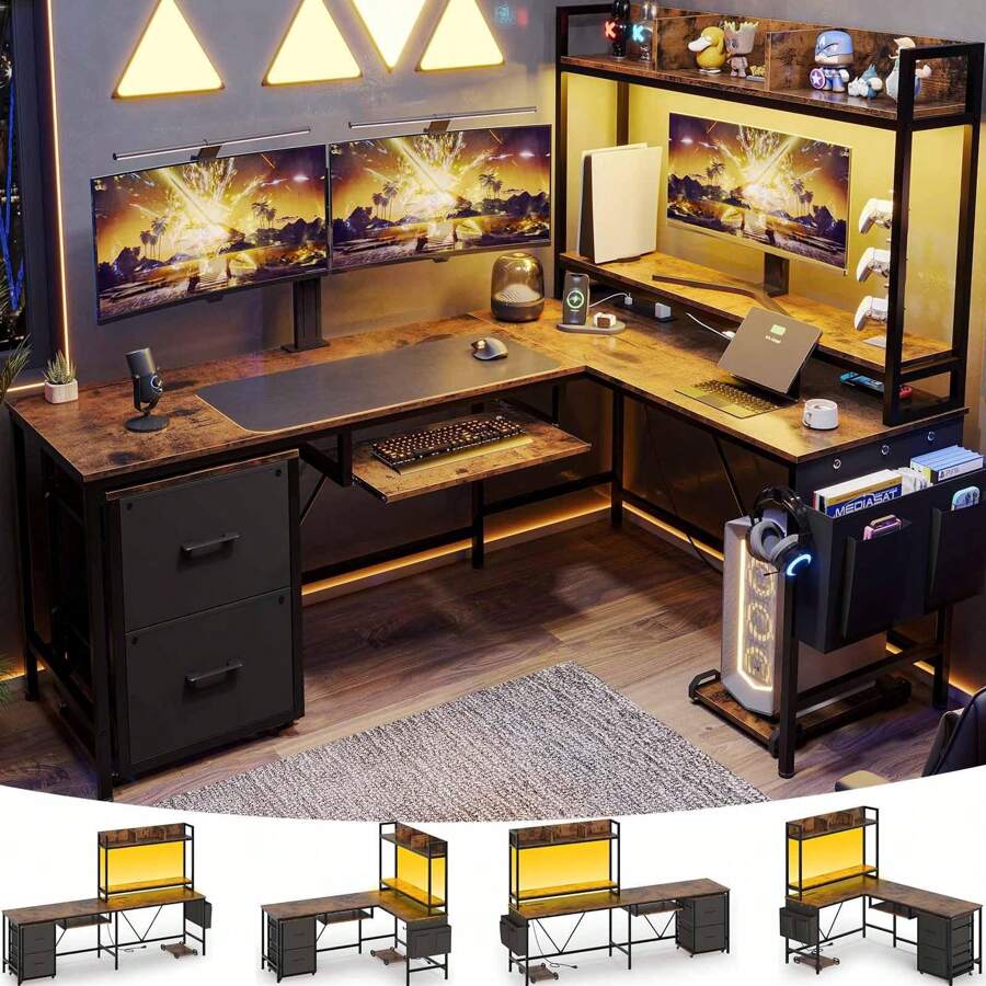 L Shaped Gaming Desk, 67in Reversible Corner Computer Desk With Power ...