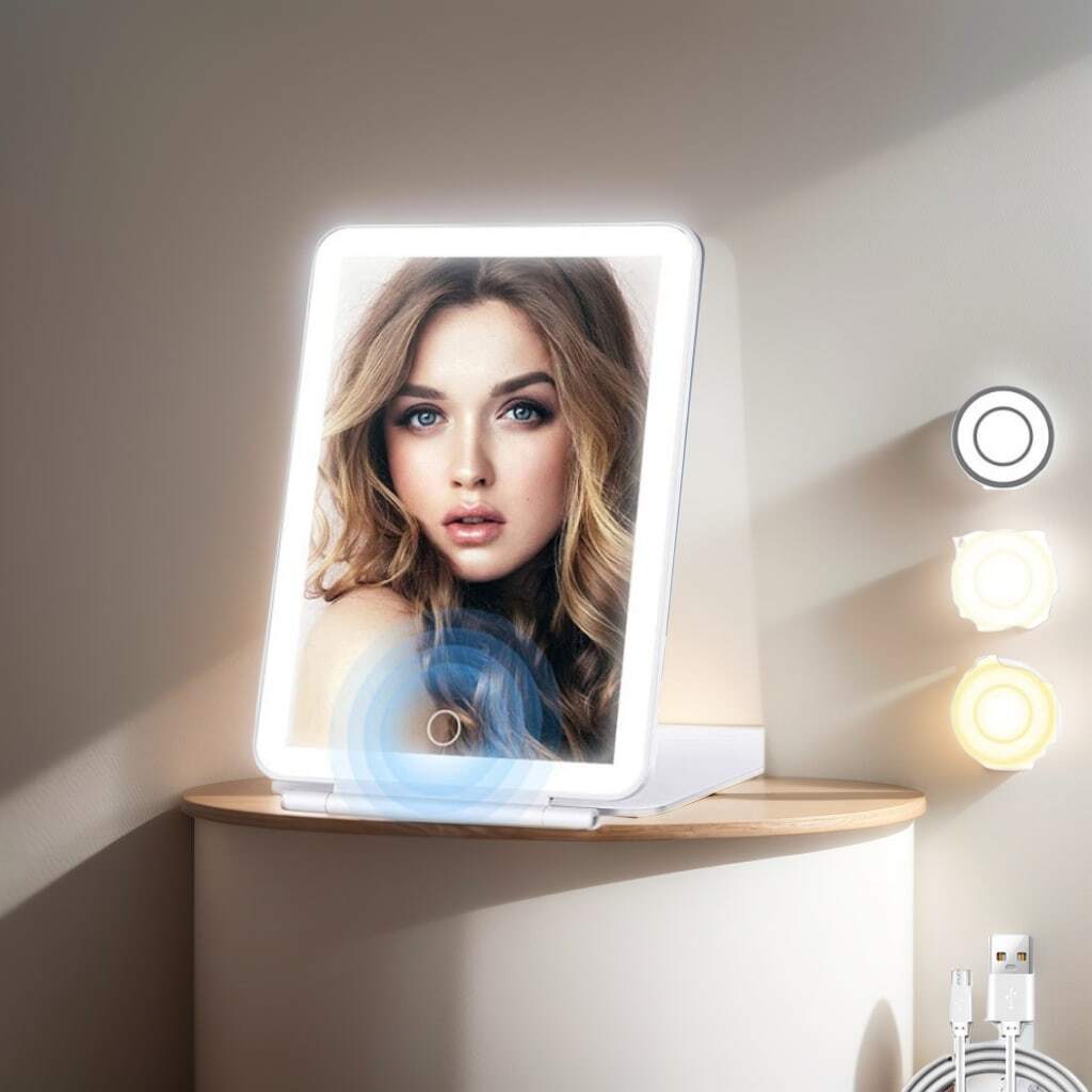 LED Lighted Mirror With Foldable Stand, Dimmable Touch Screen Makeup ...