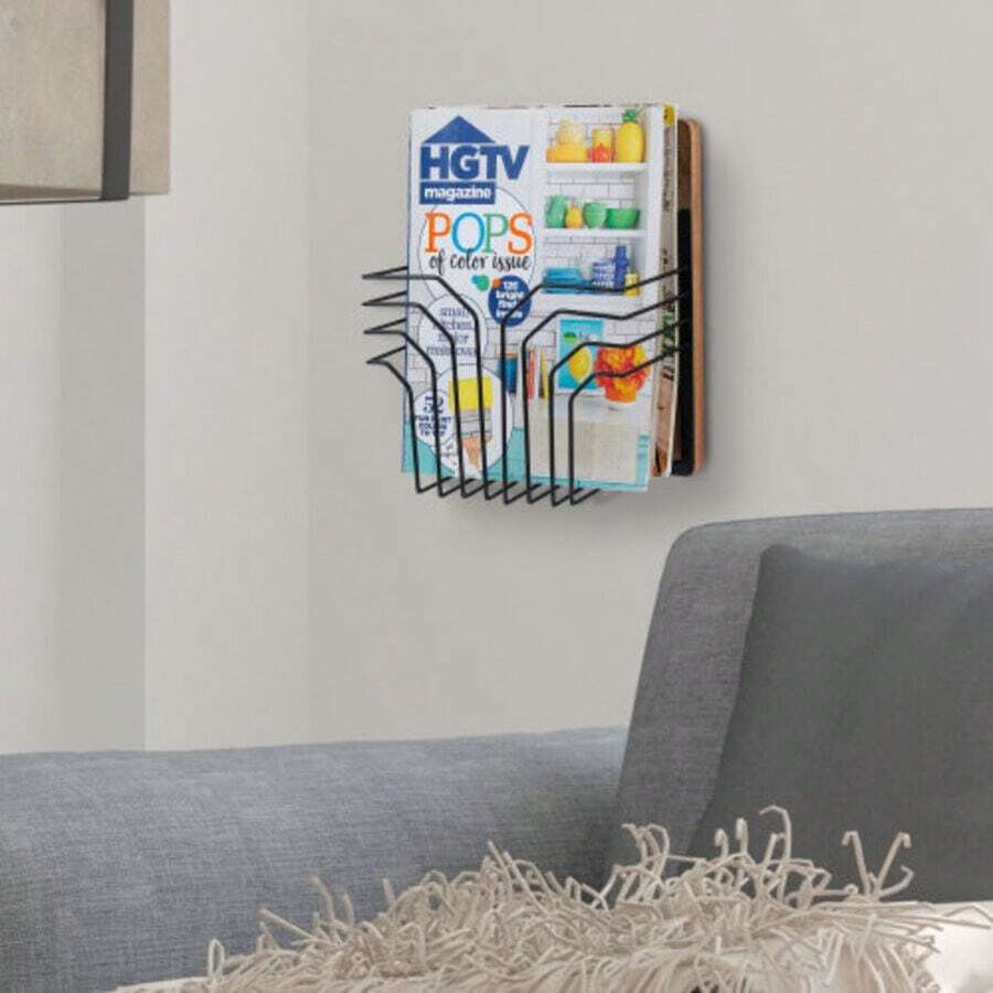 Solid Acacia Wood And Metal Black Magazine Holder, Wall Mounted Wire ...