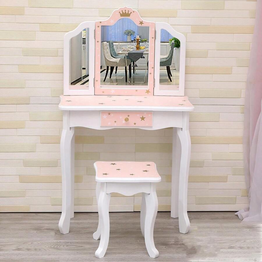 Girls Vanity Table With Tri-Folding Mirror,Stool & Drawer, Kids Vanity ...