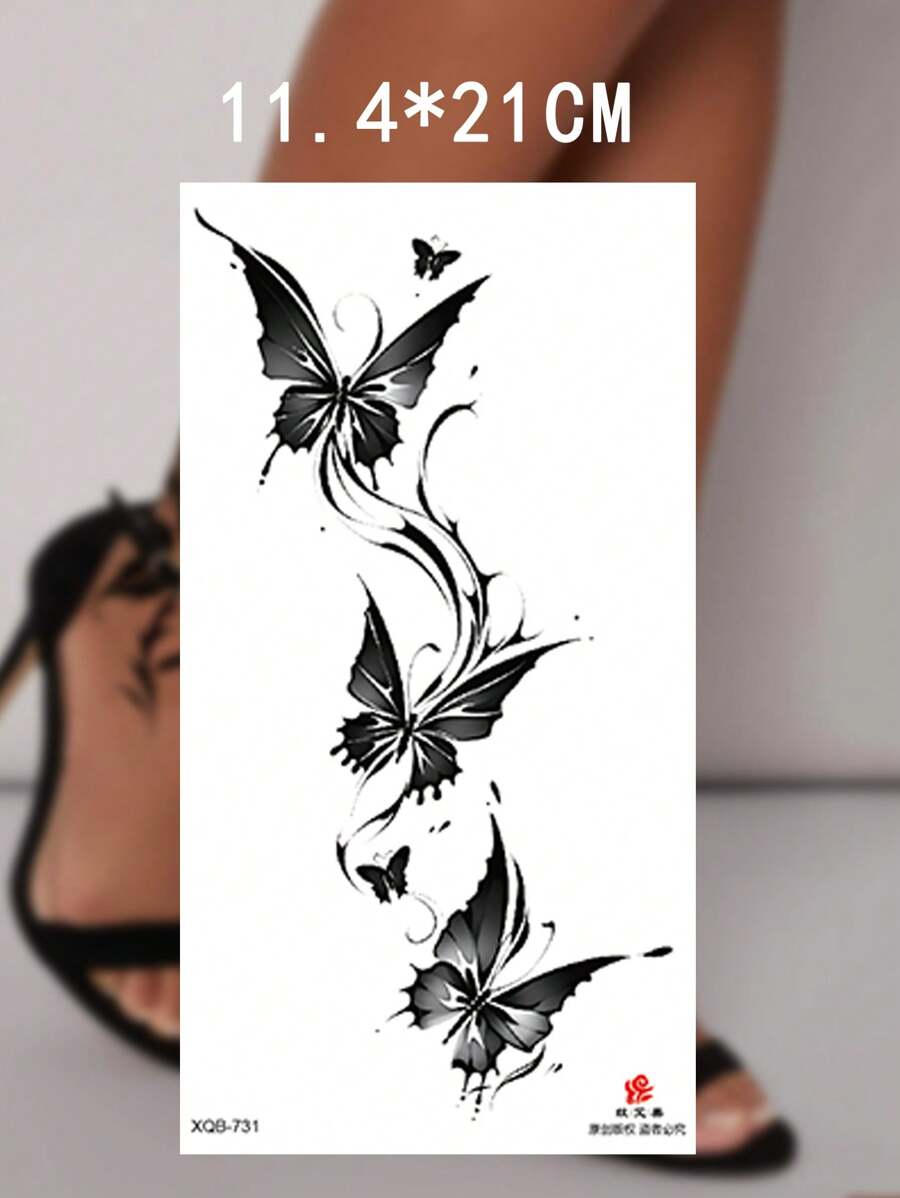 Temporary Paper Tattoo Sticker, 2pcs Black Butterflies & Roses Style ...
