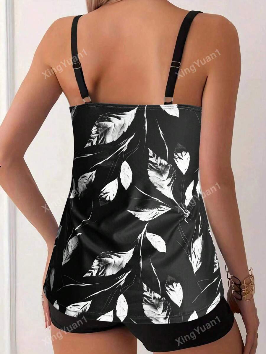 2pcs Leaf Print Round Ring Strap Tankini Top And Swim Bottoms Sports ...