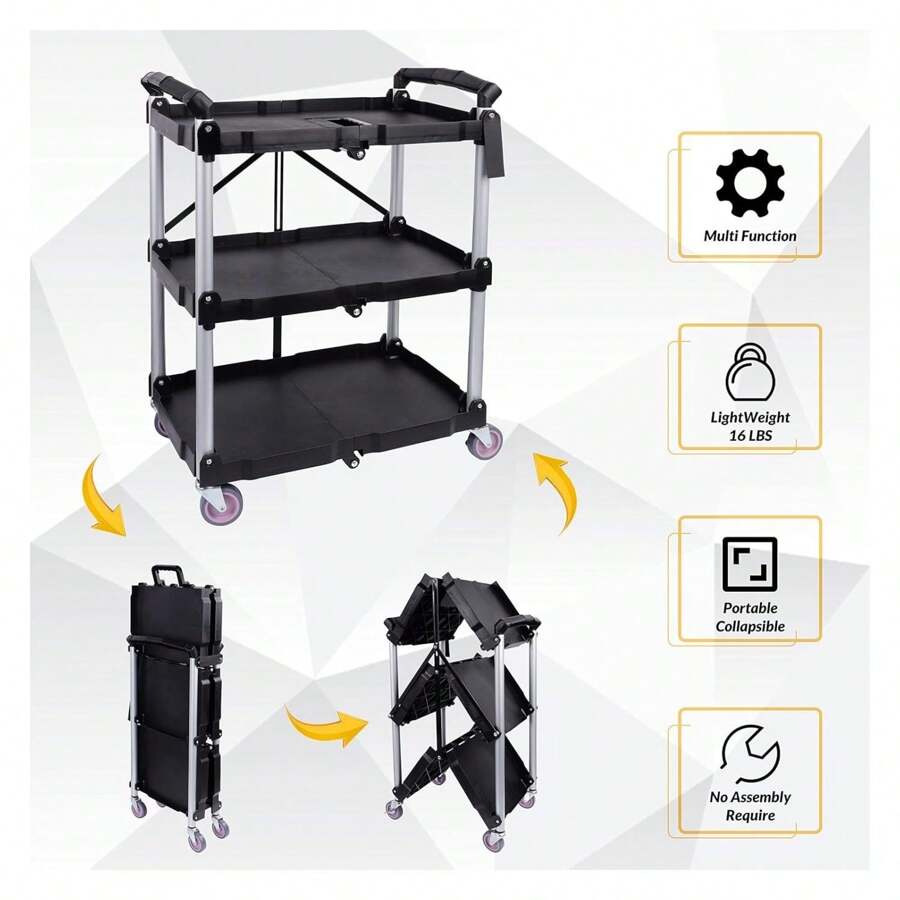 Portable Folding Collapsible Service Cart Foldable Service Cart 3 Tier ...