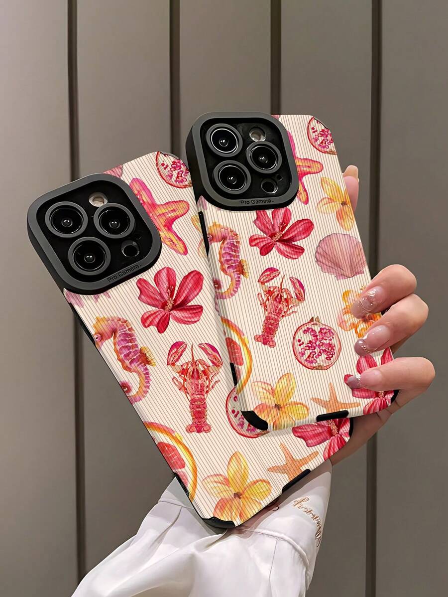 1pc Pink Marine Life Pattern Faux Leather Texture Shockproof Soft Phone Case Compatible With ...