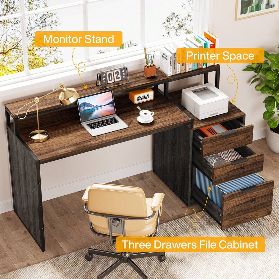 Tribesigns 55-Inch Computer Desk With 3 Drawers, Office Desk With Printer Stand And Monitor ...