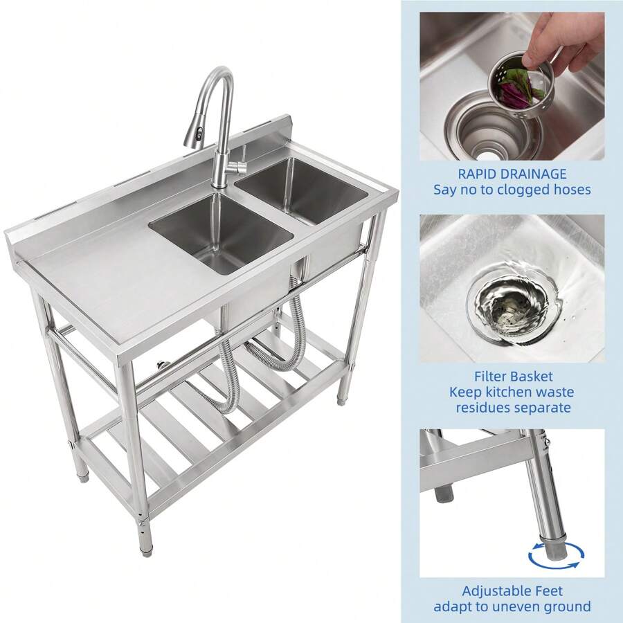 Commercial Freestanding Sink With Faucet, Workbench, 2 Bowl And ...