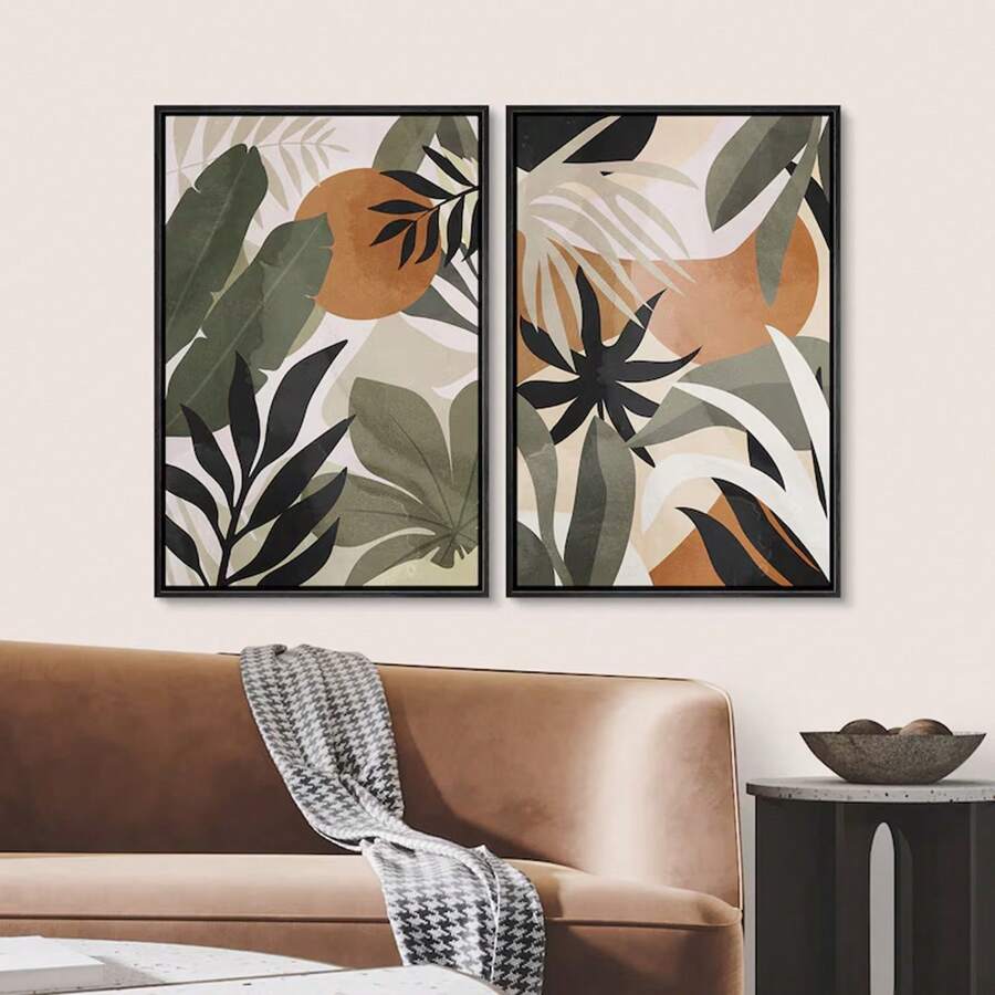 Set Of 2, Mid-Century Modern, Monstera Leaf, Tropical Palm Leaf Collage ...
