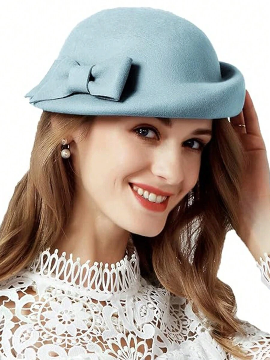 Light Blue Knitted Wedding Bride Beret Hats For Women Ladies Elegant ...