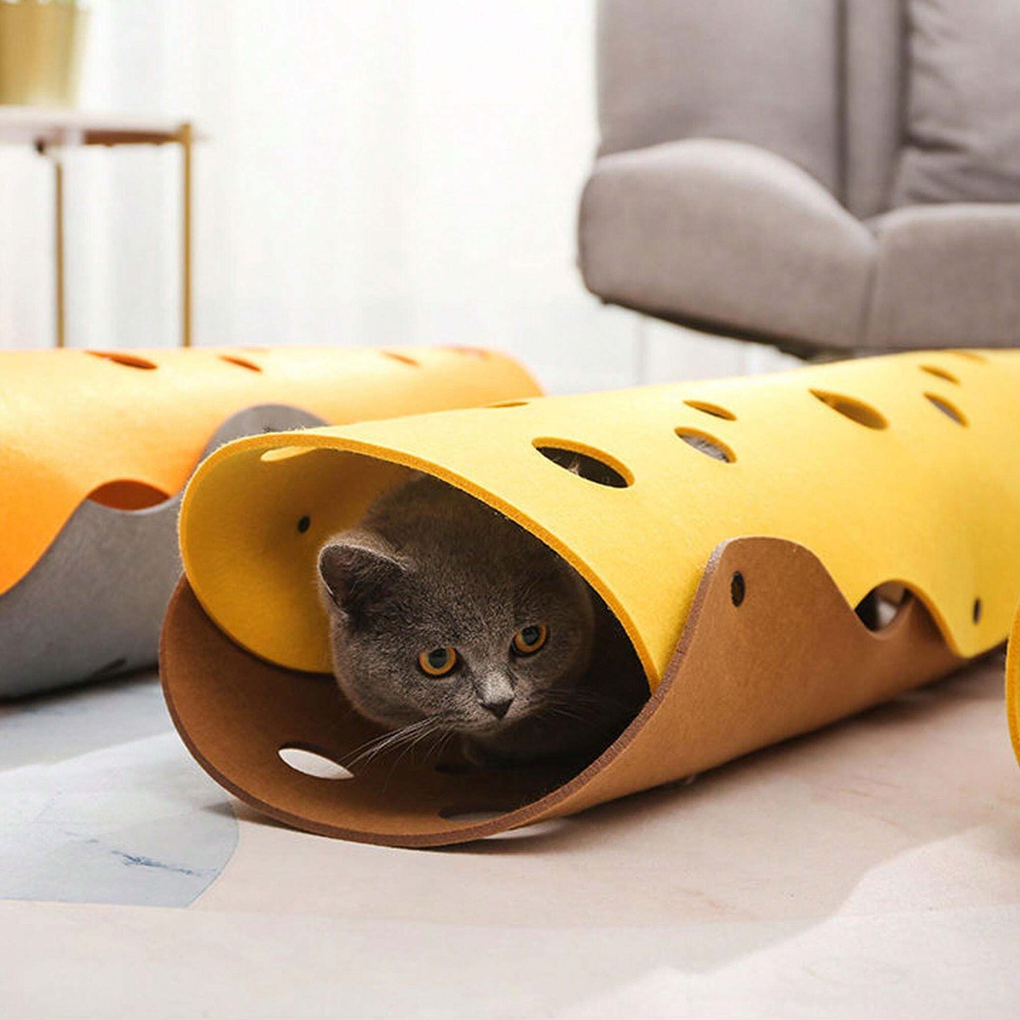 1pc Felt Cat Tunnel, Collapsible Cat Maze With Cheese Holes Tree Cave ...