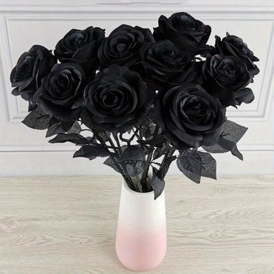 10 Pack Artificial Black Roses With Long Stem, Plastic Fake Silk ...