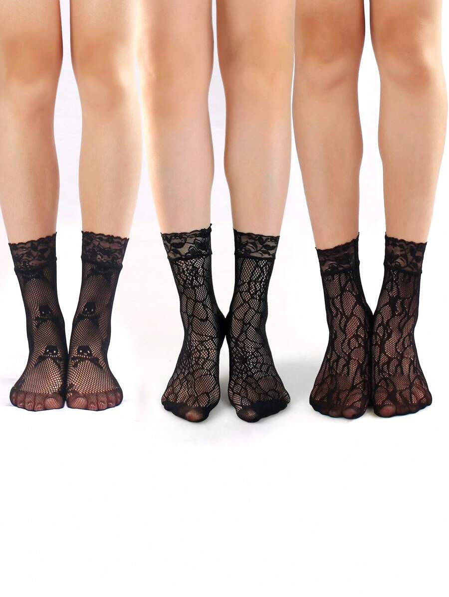 3 Pairs Women Skull, Spider Web, Tiger Stripe Lace Trim Short Fishnet ...