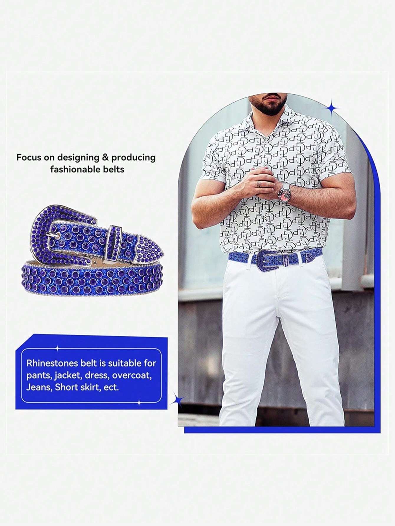 Men's Women's Fashion Sparkle Blue Rhinestone Belt For Women Men ...