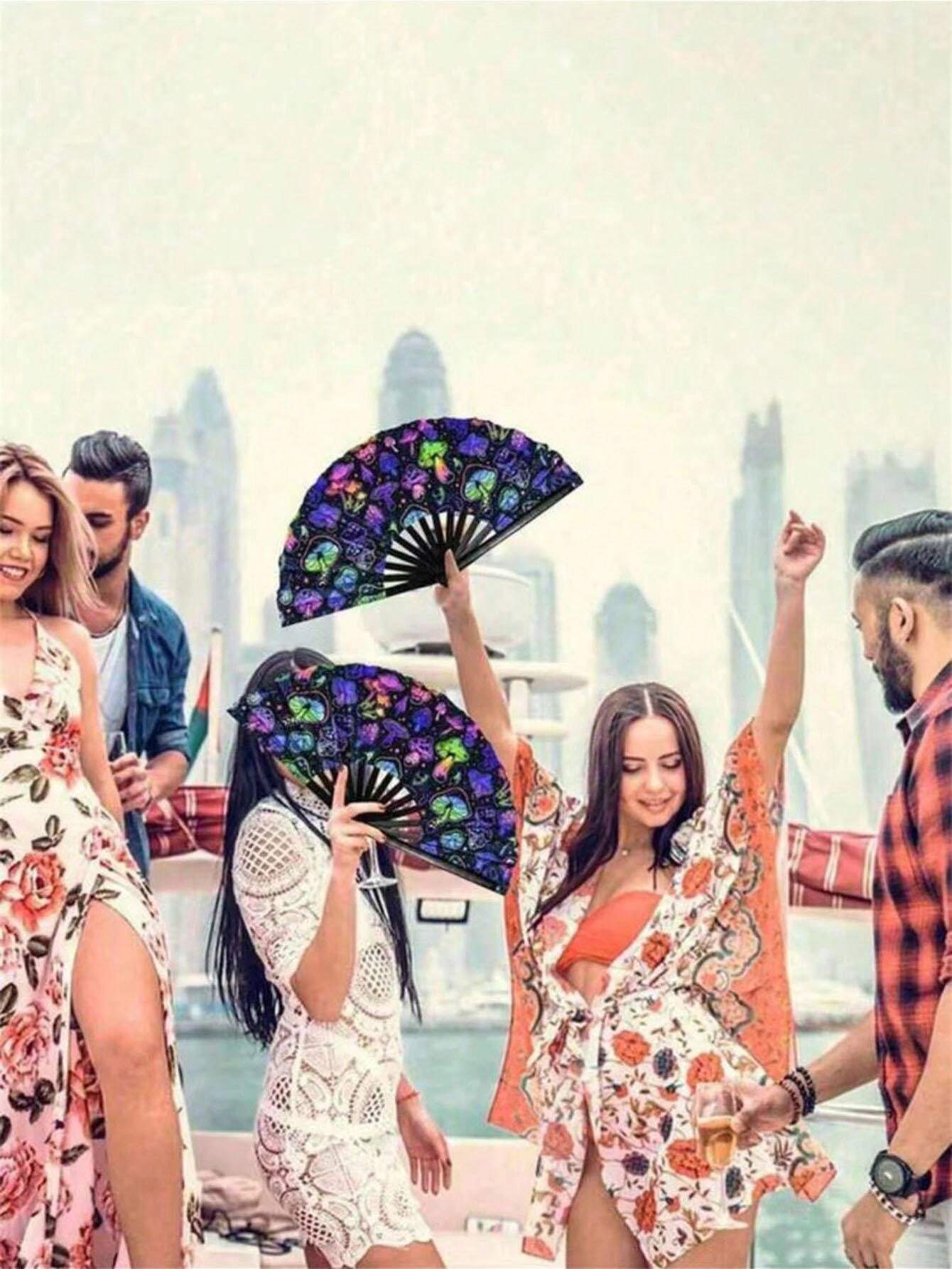 1pc Y2k Folding Fan, Uv Glow Rave Fan Festival Fan, Silk Chinese ...