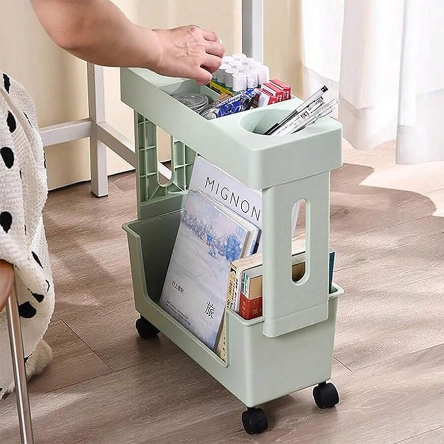 2 Tier Rolling Cart Organizer Plastic Mobile Book Shelf Cart Magazine ...