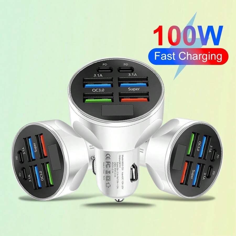 100W 6 Port USB Car Charger With Dual PD Port Super Fast Charging ...