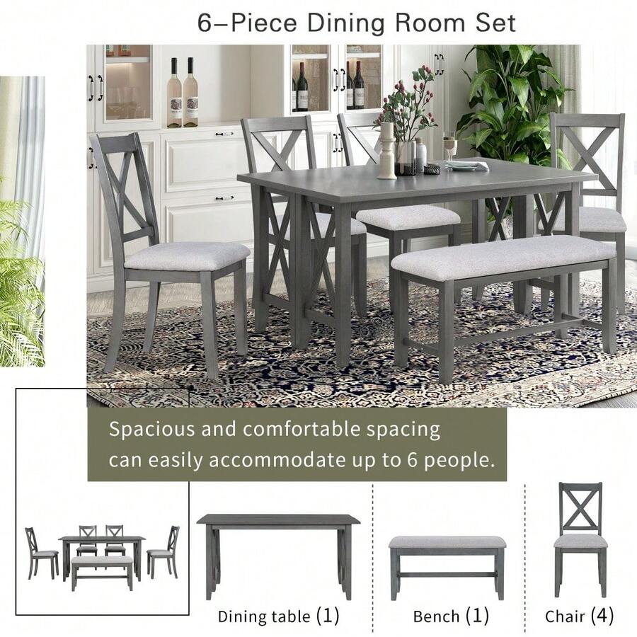 TREXM 6-Piece Family Dining Room Set Solid Wood Space Saving Foldable ...